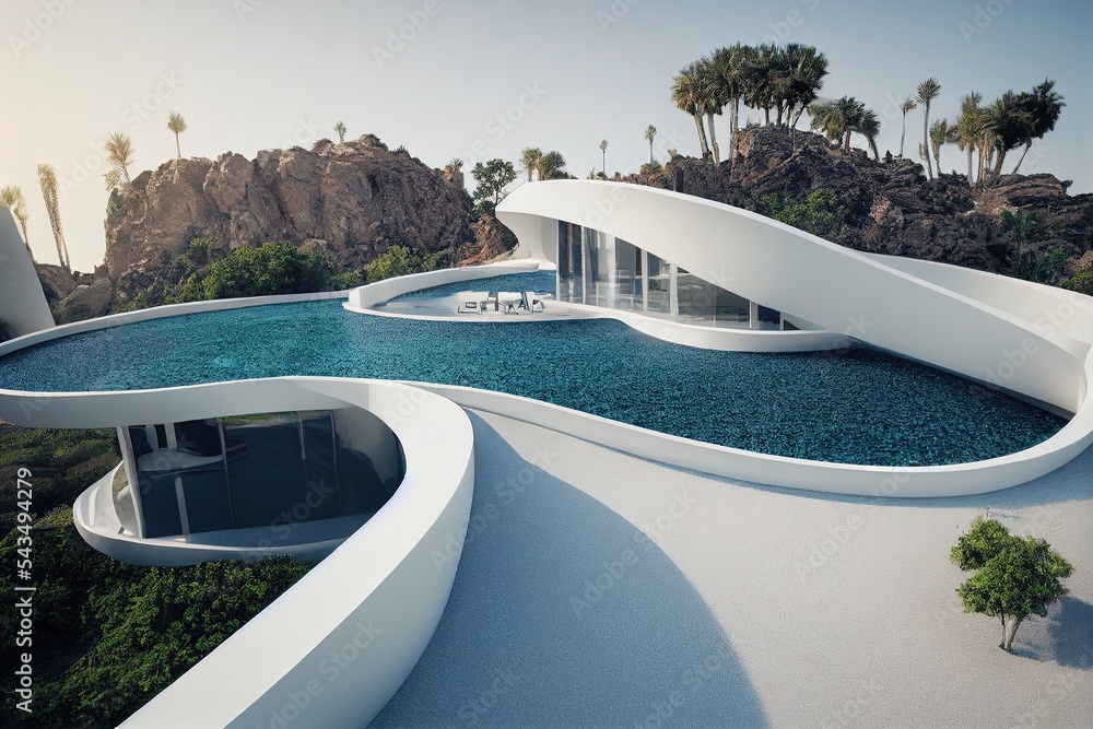 a futuristic house with a curved pool and a curved staircase leading to ...