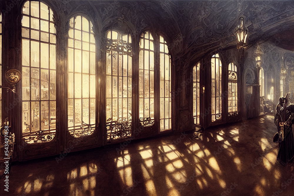 Old Palace interior with high stained-glass windows made of multi ...