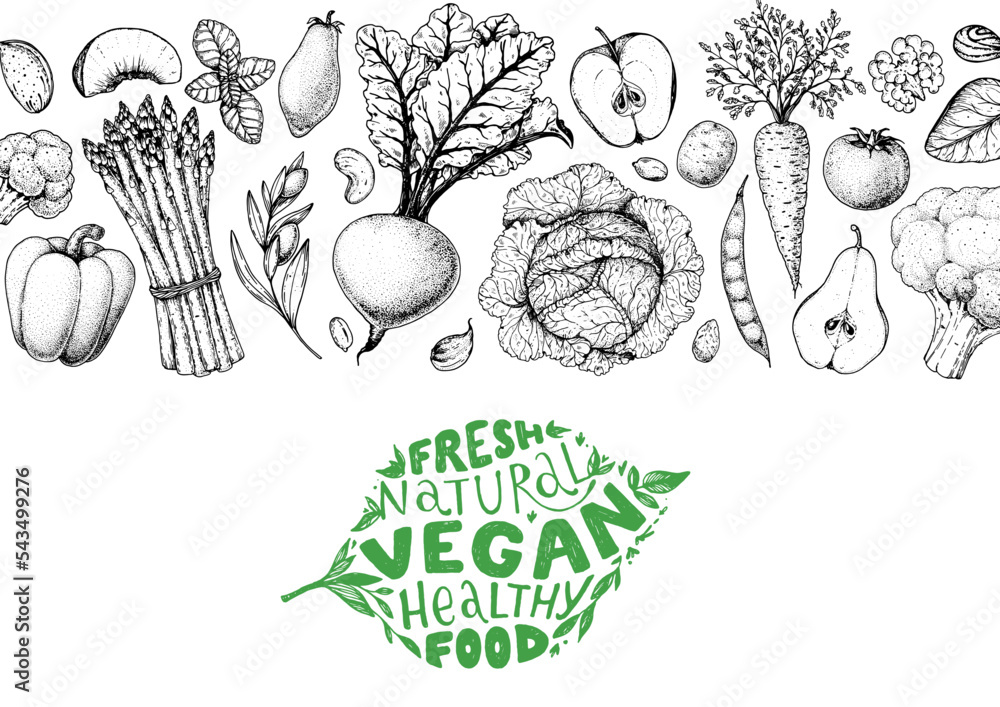 Vegan food frame. Hand drawn vector illustration. Menu design template ...