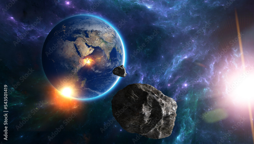 Meteorite approaching Earth, collision course. Asteroid. Possible collision with the earth's ...