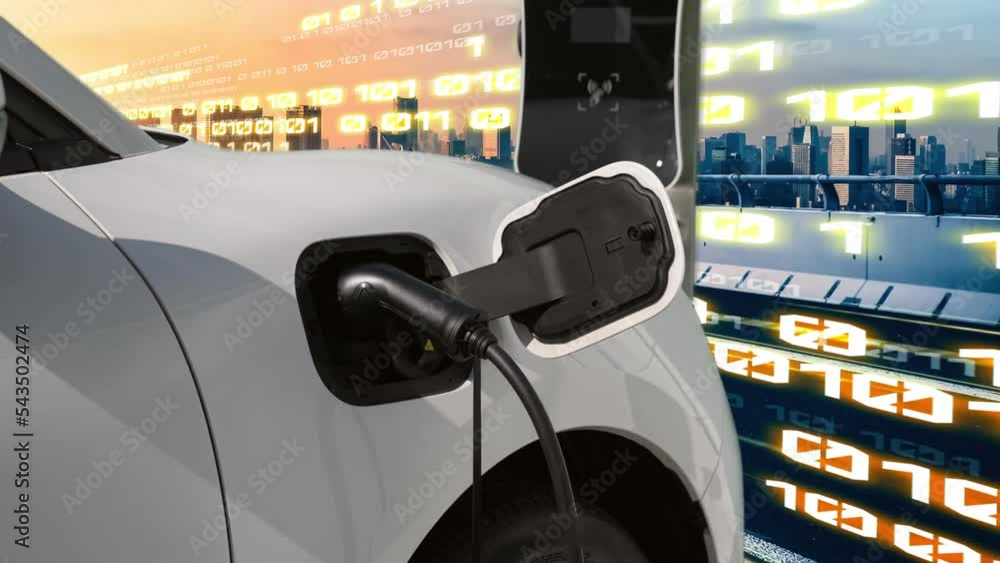 Electric vehicle, EV car recharges battery energy at charging station ...