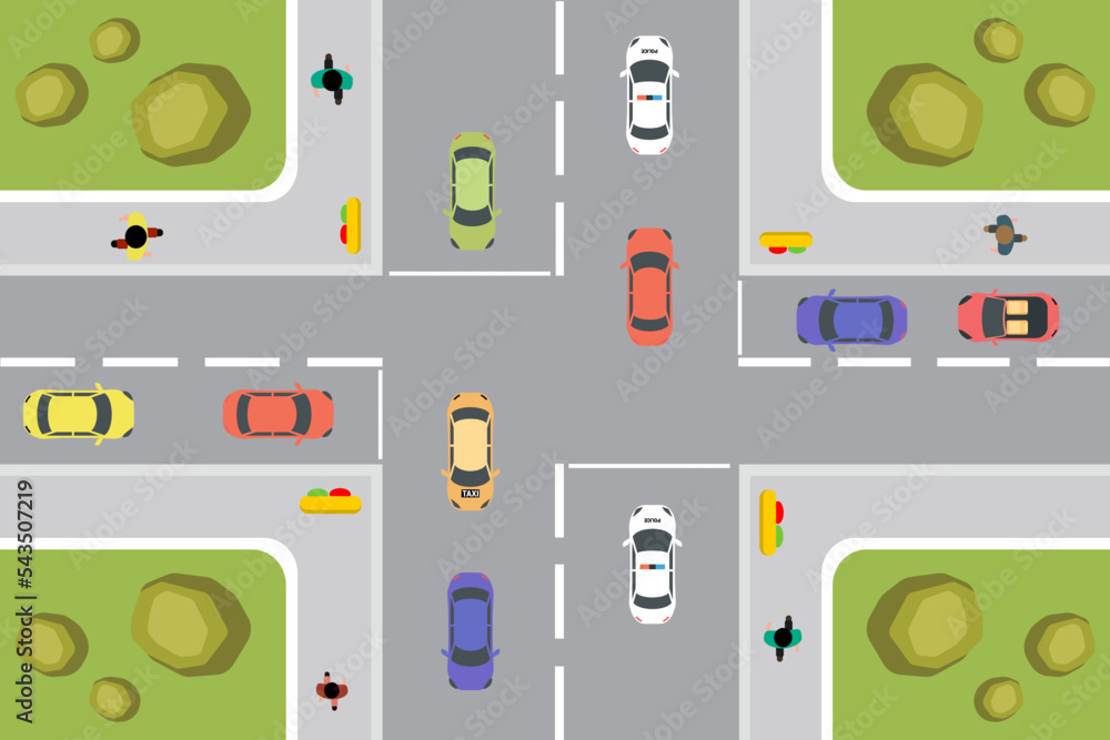Four-way Road. top view with traffic jam crossroad and cars, taxi ...