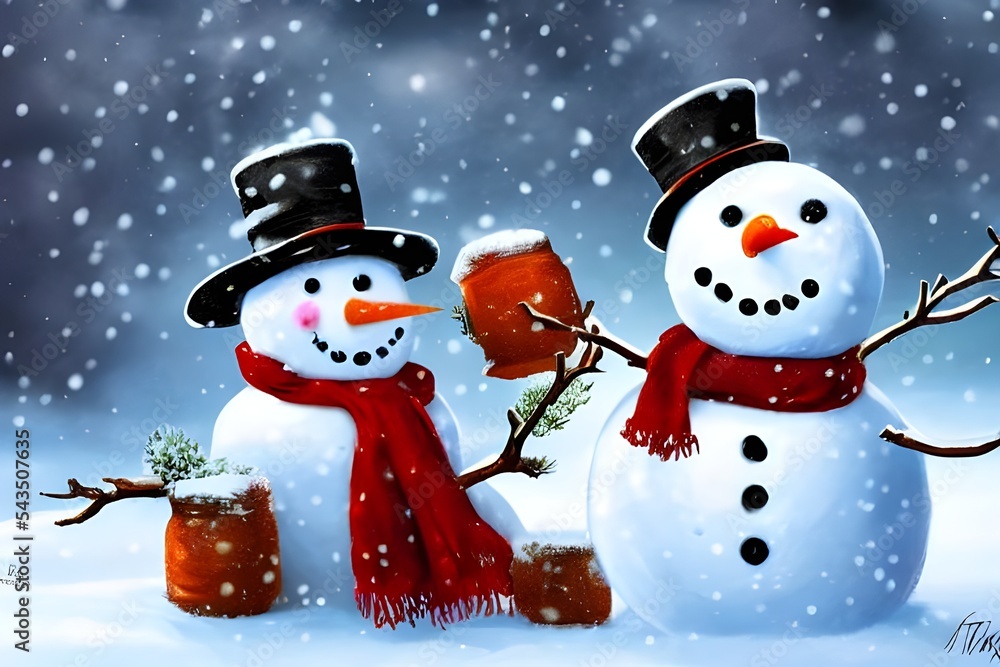 The cute snowman is made of freshly fallen snow, with two biggray rocks ...