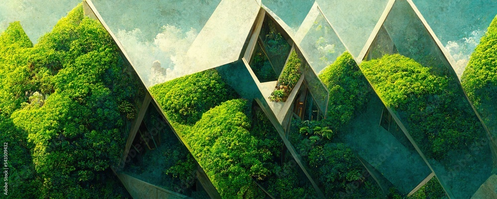 Beautiful futuristic ecological architecture with vegetation, modern ...