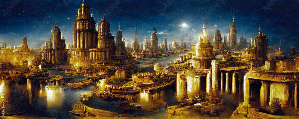 Magical golden city of Atlantis with architectural building and rivers ...