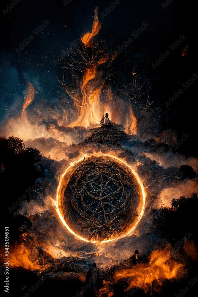 Sinister witch ritual with fire circle and burning fire, Digital art ...