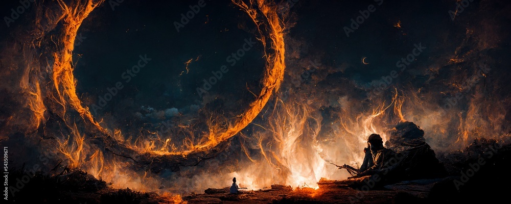Frightening witch ritual with fire circle and burning fire, concept art ...