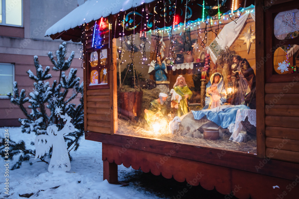 Christmas crib at a Cologne Christmas market. The scene where the ...