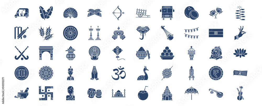 Collection of icons related to India country and culture, including ...