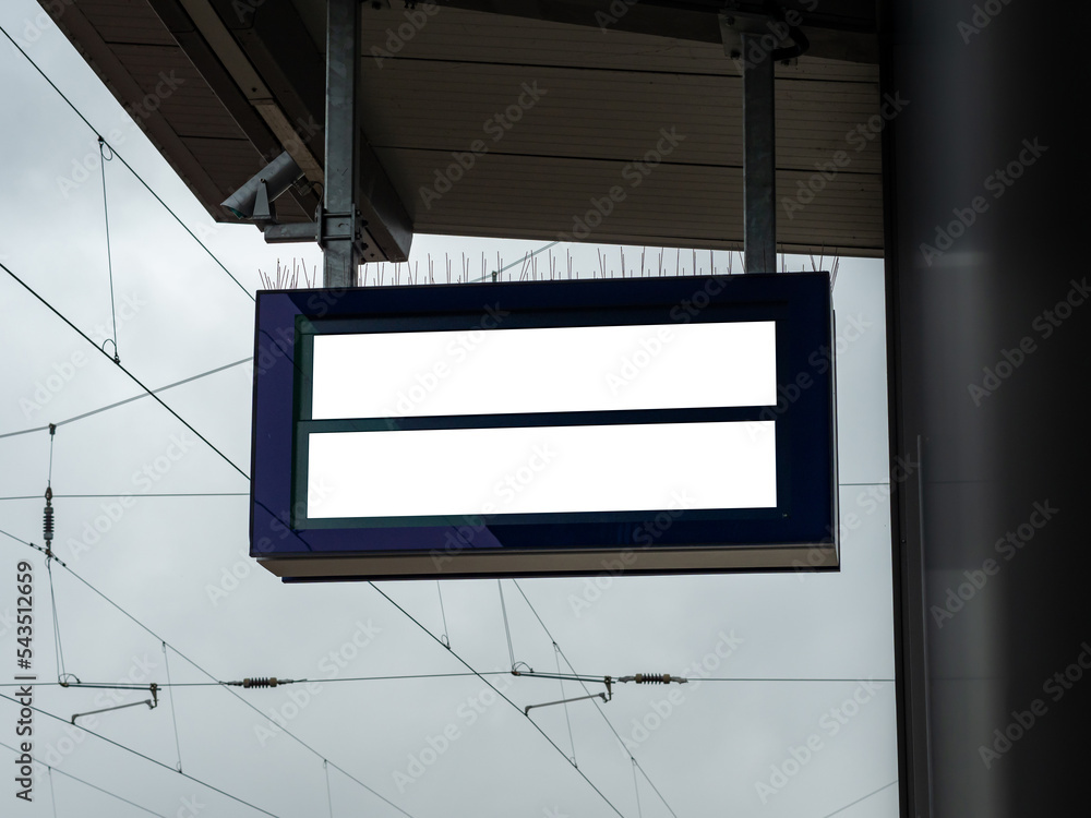 Blank train station departure screen hanging on the roof. Empty display ...