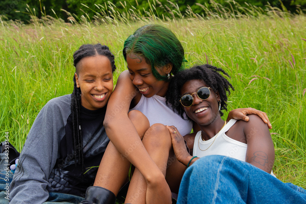 Three black non binary sat in the park talking and laughing. Stock Photo | Adobe Stock