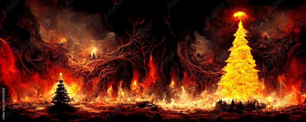 a christmas scene in hell with fire and lava in glowing red and yellow ...