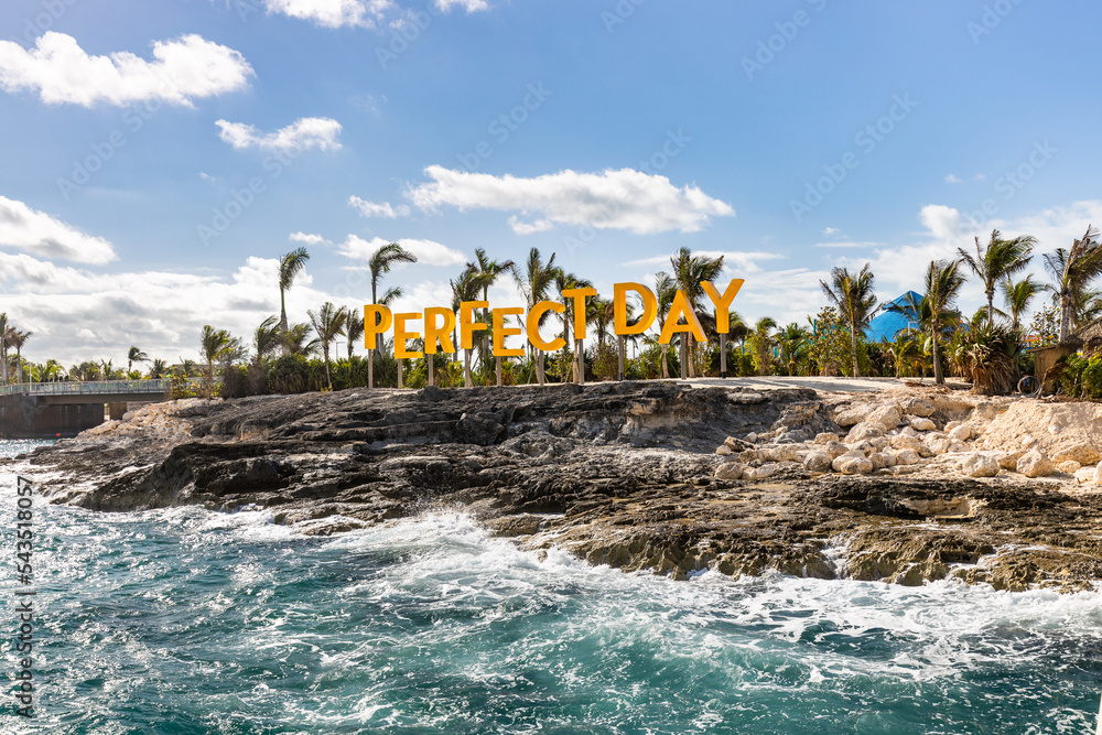 COCOCAY, BAHAMAS - OCTOBER 12, 2019: The sign for Royal Caribbean ...