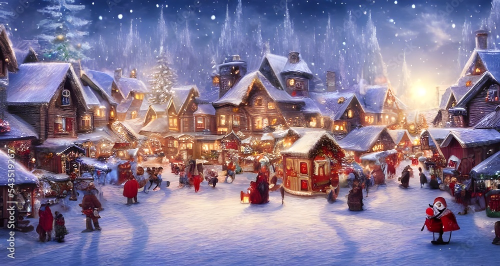 It's a winter christmas village scene. There are houses with snow on ...