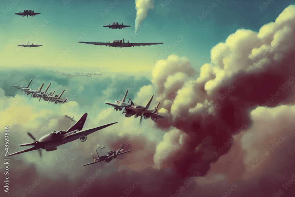 3d illustration of a war on a battlefield with planes. Stock Vector ...