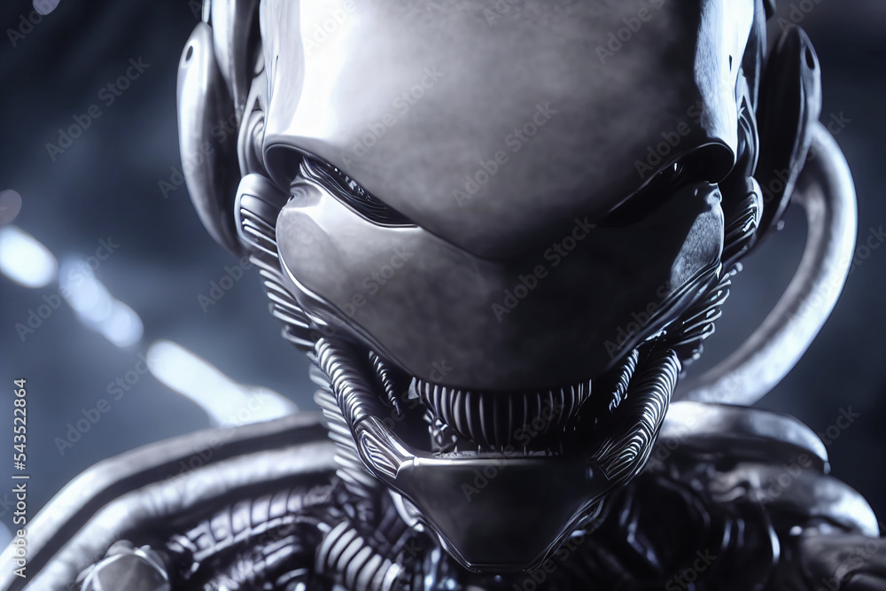 fantasy illustration of gray alien with sharp teeths black eyes metal ...