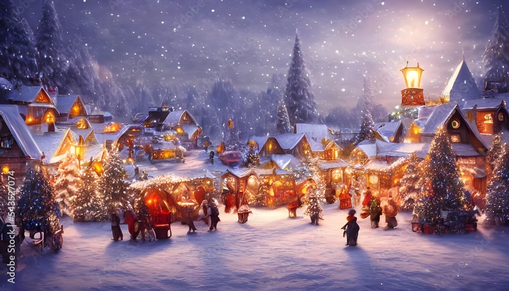 It's a cold winter day and the Christmas village is blanketed in snow ...