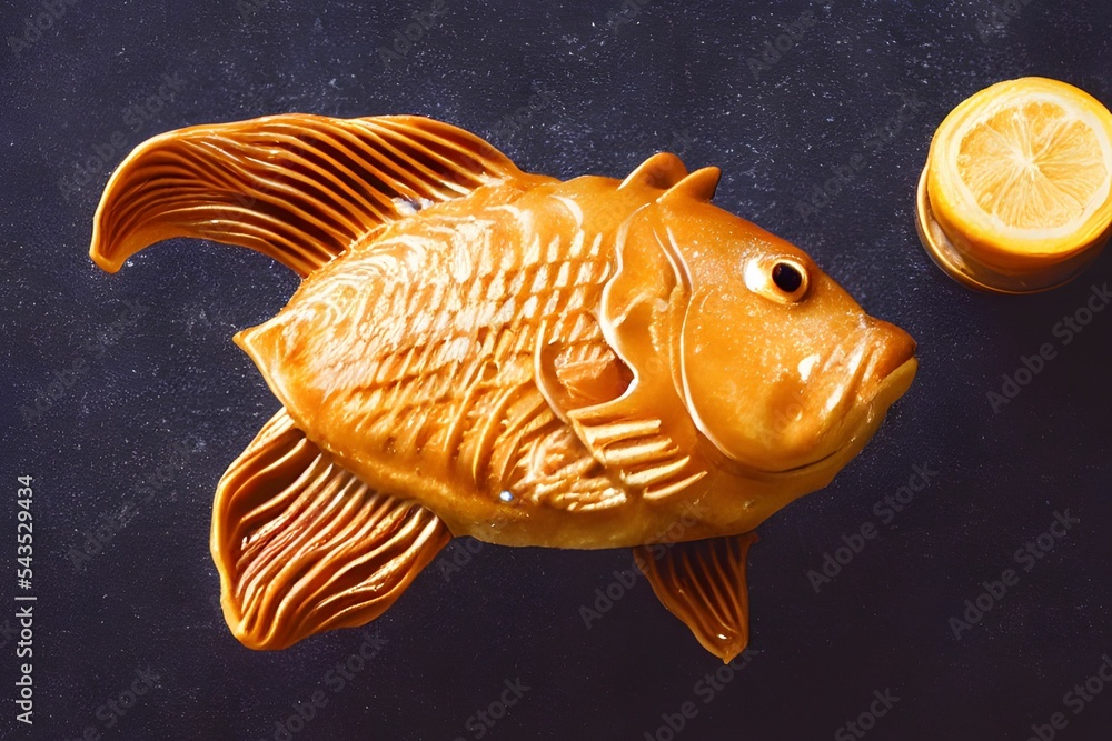 Hyper-realistic illustration of a fish-shaped puff pastry against a ...