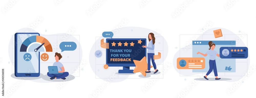 Feedback page web concept with people scenes set in flat style. Bundle ...