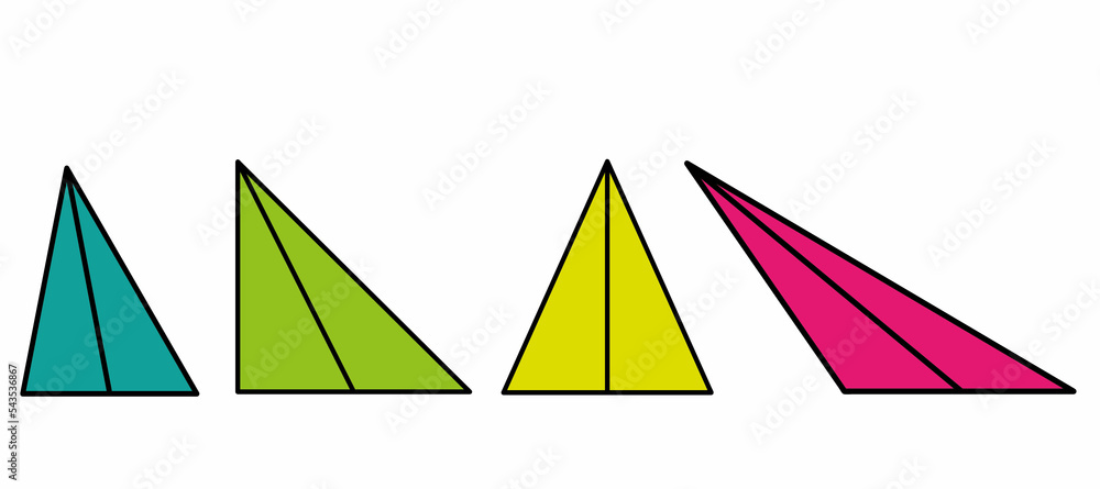 set of multi-colored triangles, median drawn to the base of the ...