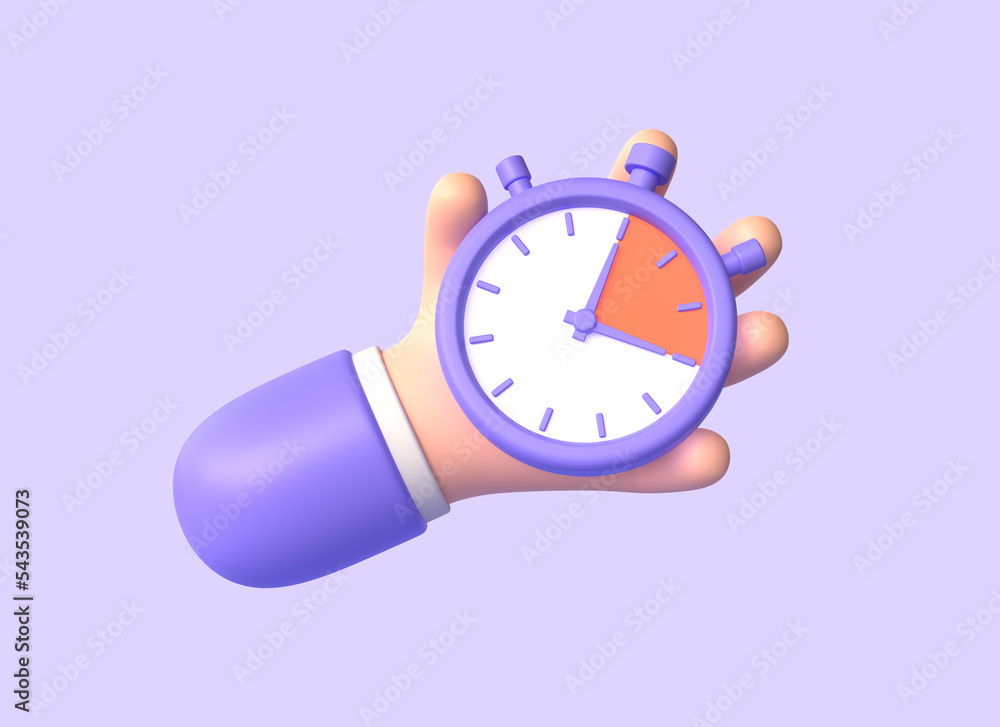 3d character hand holding stopwatch illustration in minimalistic ...