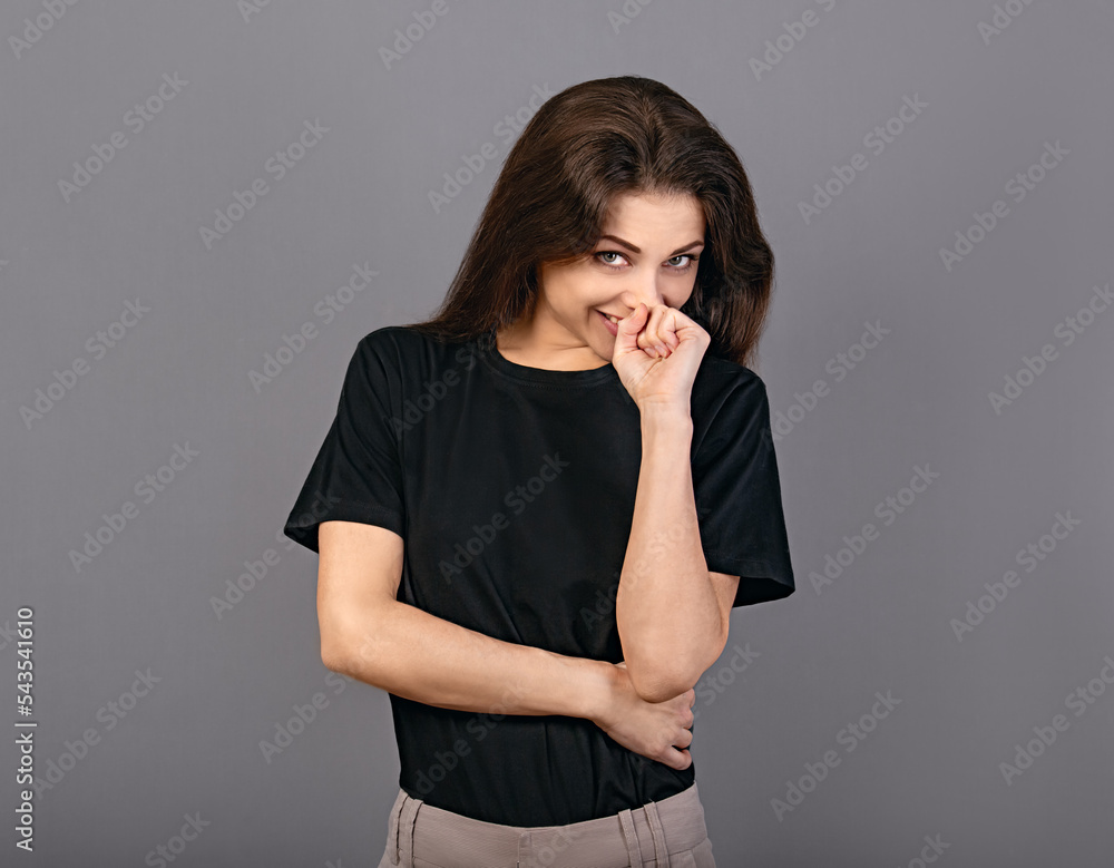 Happy chuckling fun business beautiful woman covering the mouth the ...