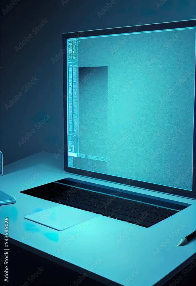 3D rendering illustration. Laptop computer with blank screen and color ...