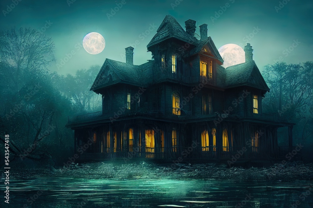 creepy burn haunted mansion in a swamp at night.Horror house with full ...