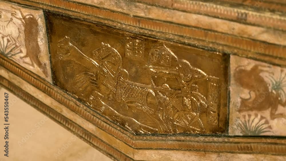 Chest decorated with images of warriors hunters, hunting animals on ...