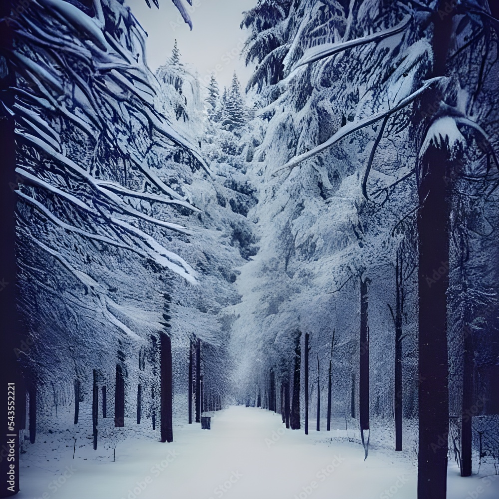 A misty, Polaroid winter forest scene with barren trees and a thick ...