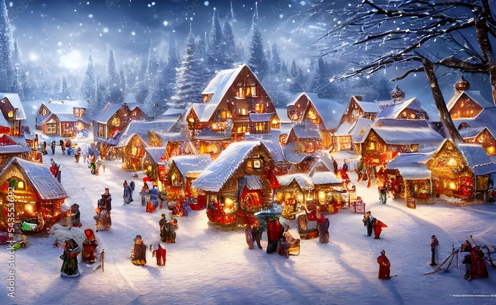 In this winter christmas village, the snow is freshly fallen and ...