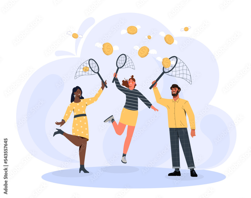 Catching coins concept. Man and woman with nets catching golden coins ...