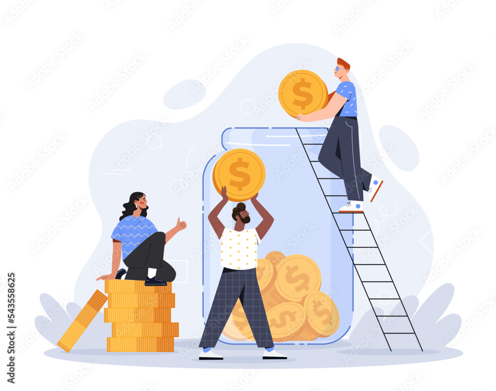 Saving coins concept. Men and woman put gold coins in jar. Financial ...