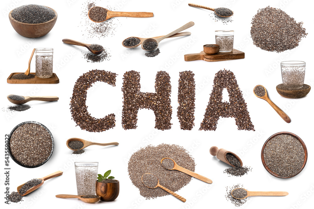 Collage of healthy chia seeds on white background Stock Photo | Adobe Stock