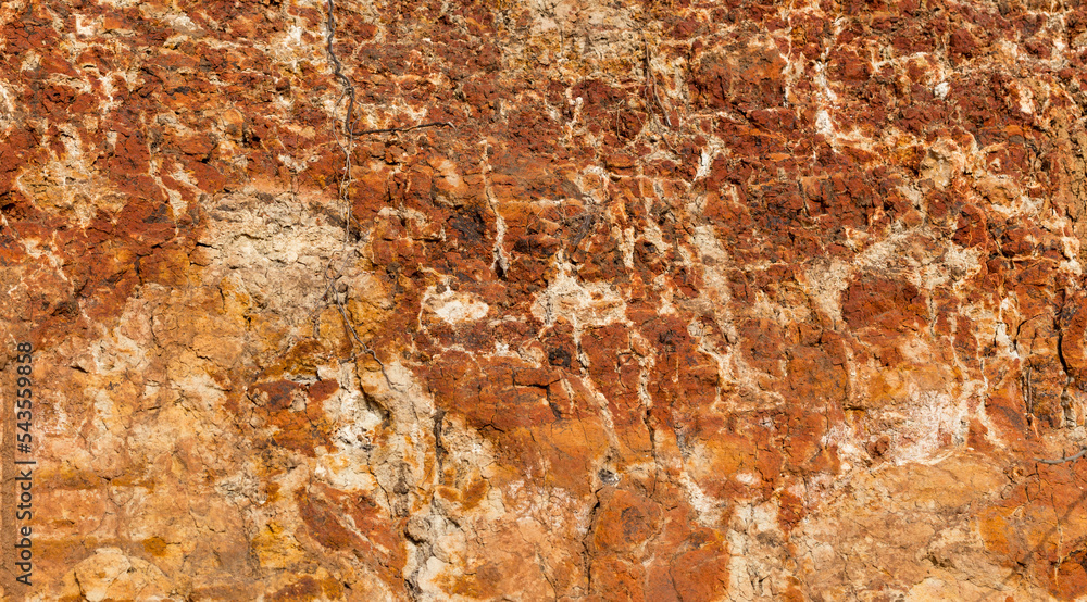 Sedimentary rocks with a high content of iron oxide. Red soil, loam ...