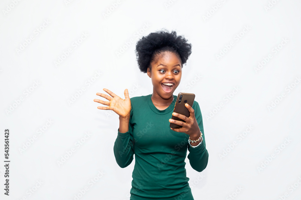 selective focus of a young excited african Gen z lady screaming out ...