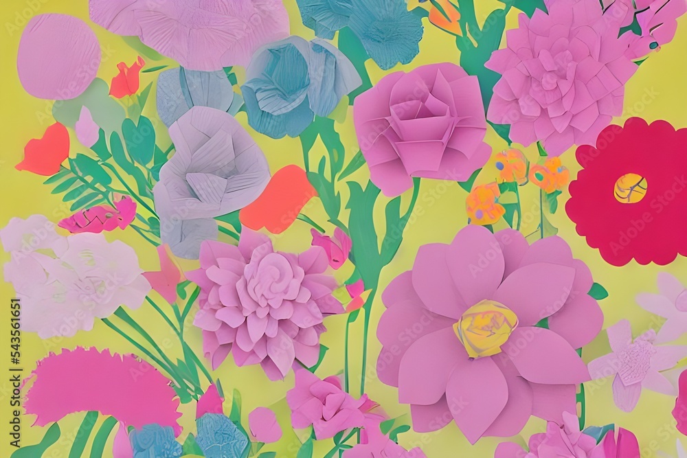 There are brightly-colored paper flowers all over the design, some of ...