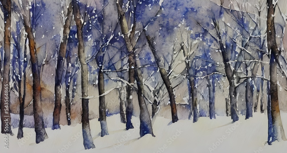 I'm looking at a beautiful watercolor painting of a winter forest. The ...
