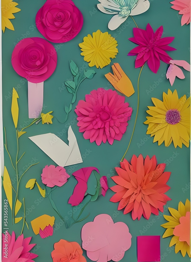 There are several sheets of paper in different colors spread out on the ...