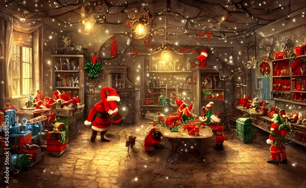 The line of elves is long and stretches out the door.Each one carries a ...