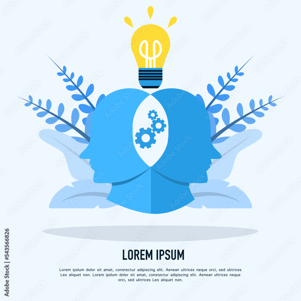 Human head and cog profile and idea lamp, to unite thoughts, generate ...