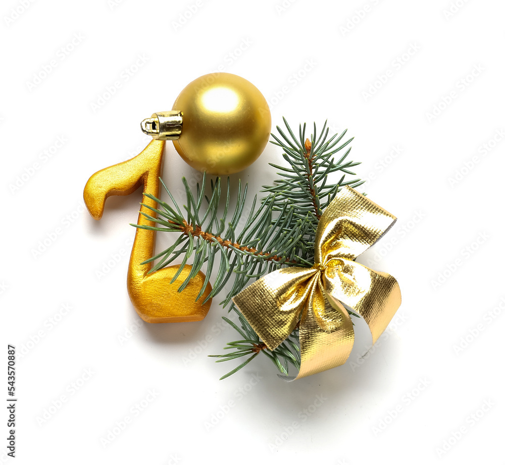 Note sign with Christmas ball, fir branches and bow on white background ...