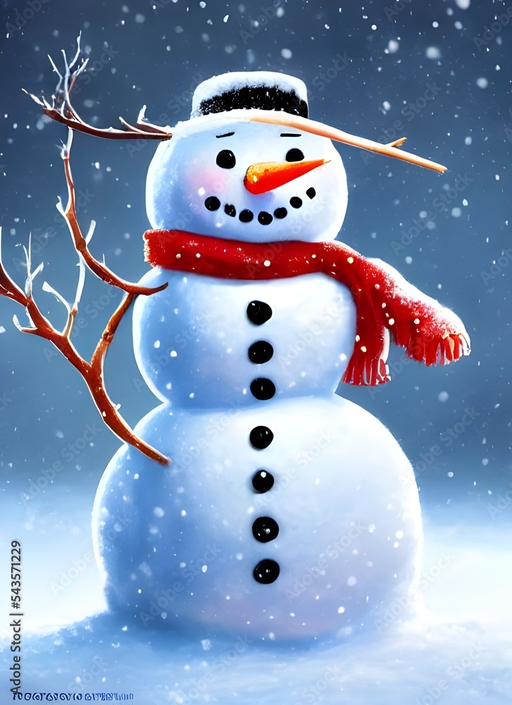 A cute snowman is made out of fresh, untouched snow. His coal eyes and ...