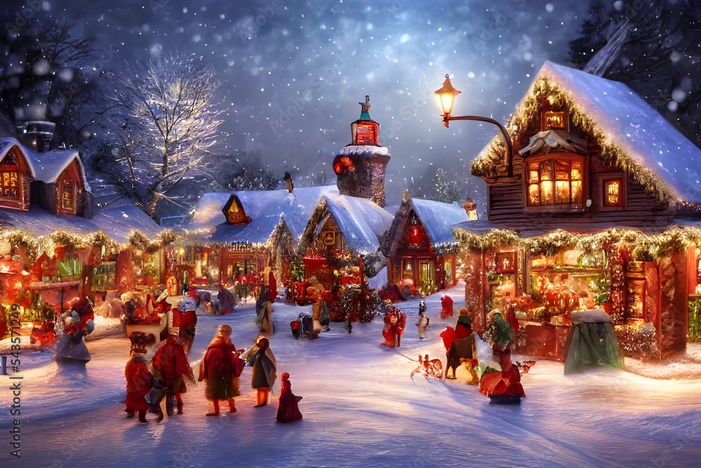 It's a cold winter day and the snow is falling gently onto the idyllic ...