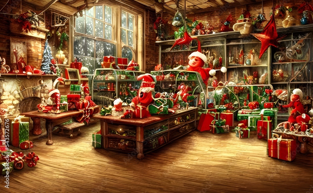 It's a festive scene: colorful wrapped boxes, smiling elves busy at ...