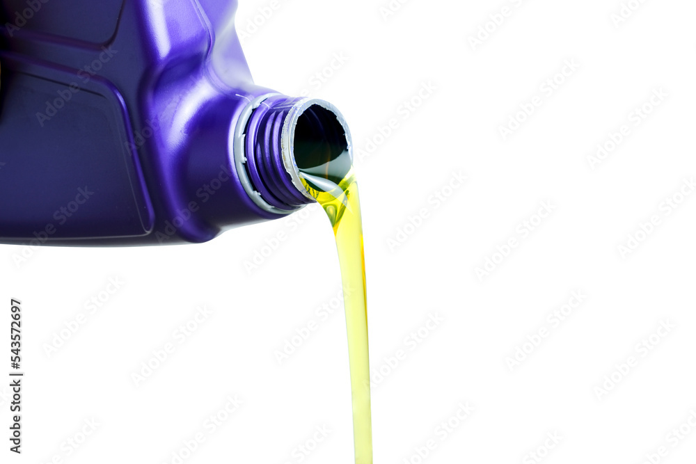 Refueling and pouring yellow oil quality into on white background ...