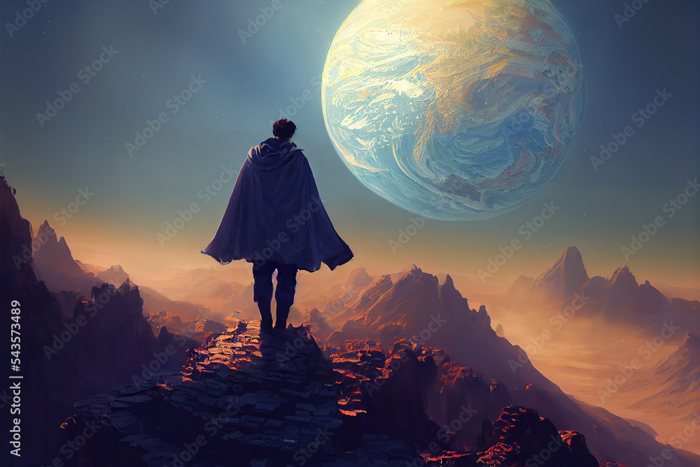 personnage avec une cape devant un paysage coloré sur une autre planète ...