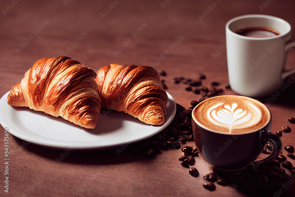 deux croissants avec une tasse de café et des grains de café Stock-Illustration | Adobe Stock