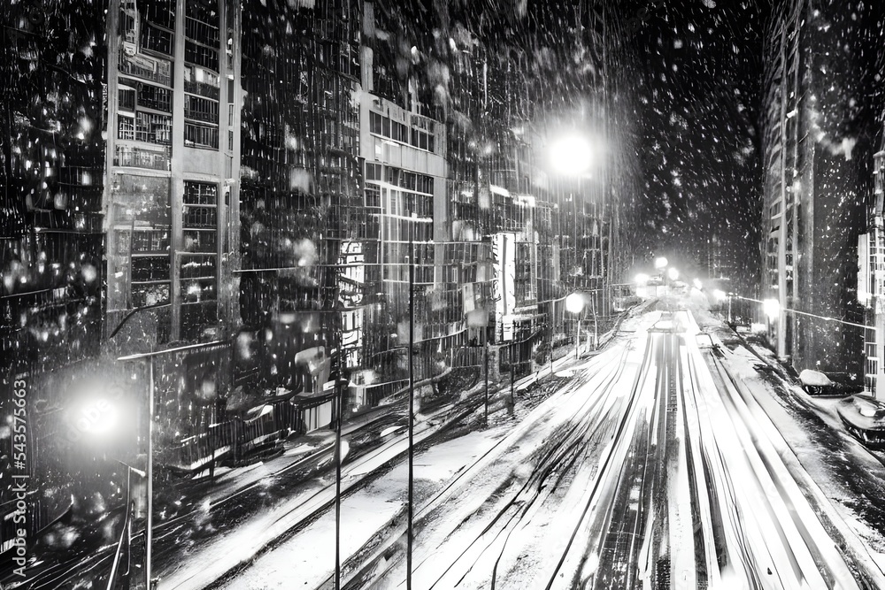 The snow is falling gently and the city bustles with activity. The ...