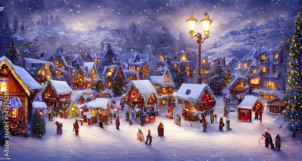 The snow is falling gently on the houses and people in the winter ...